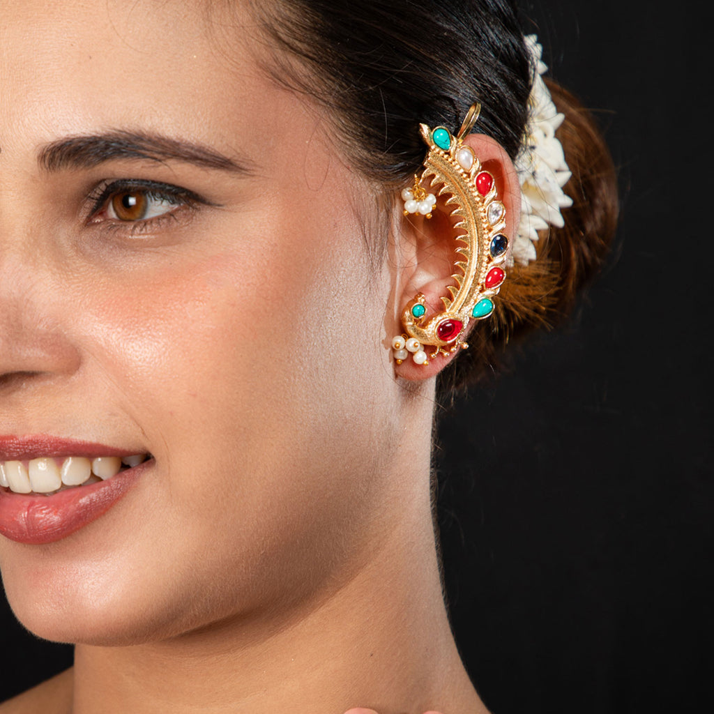 Matte Gold Peacock Design Ear Cuffs with Multicolor Stones – Niscka